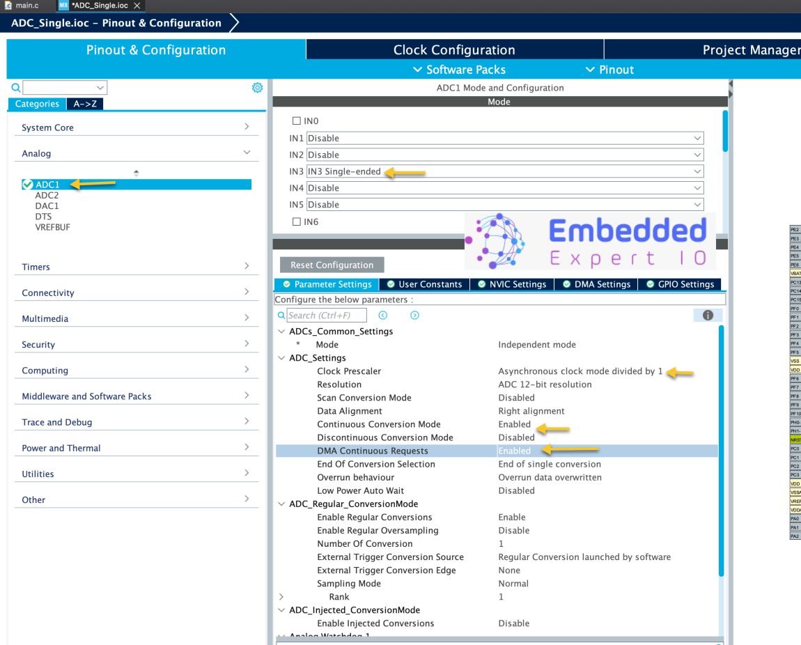 Getting Started with STM32H5 ARM Cortex M33: ADC Single Channel Continuous Conversion with DMA ...