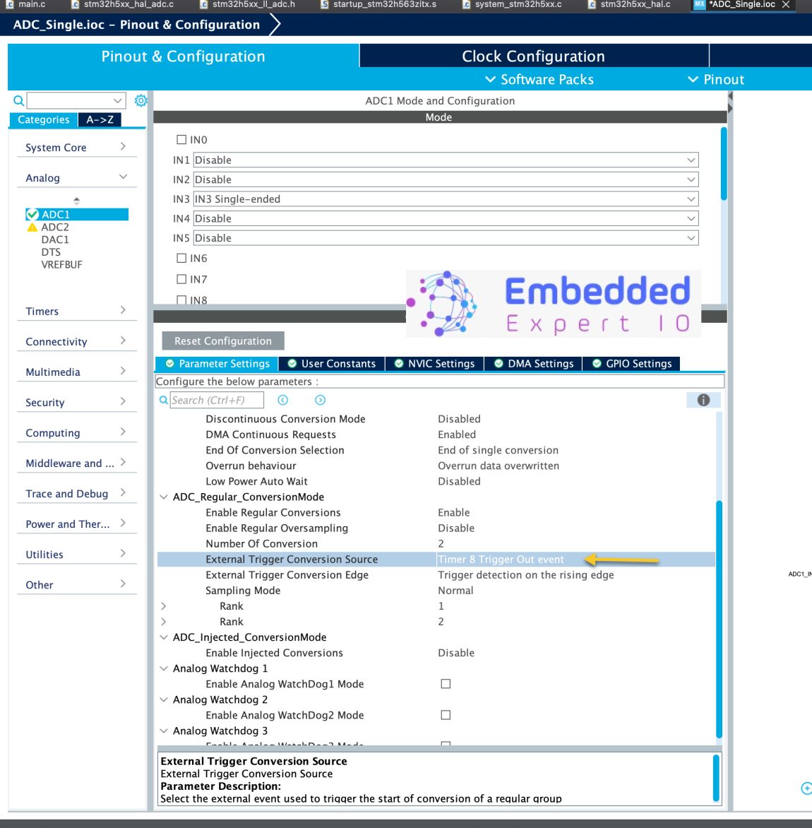Getting Started with STM32H5 ARM Cortex M33: ADC Multi Channel Continuous Conversion with DMA ...