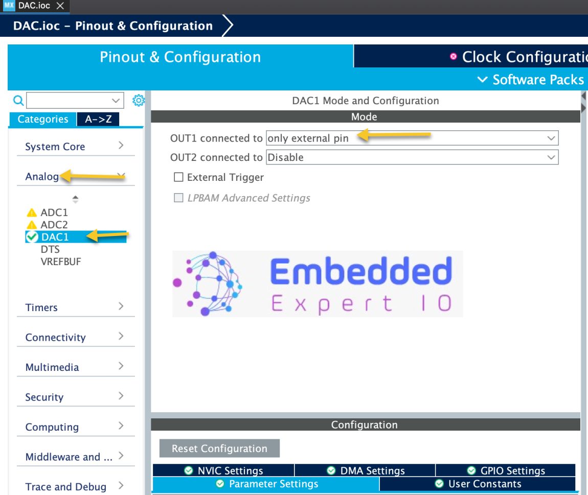 Getting Started with STM32H5 ARM Cortex M33: DAC in Polling Mode – EmbeddedExpertIO
