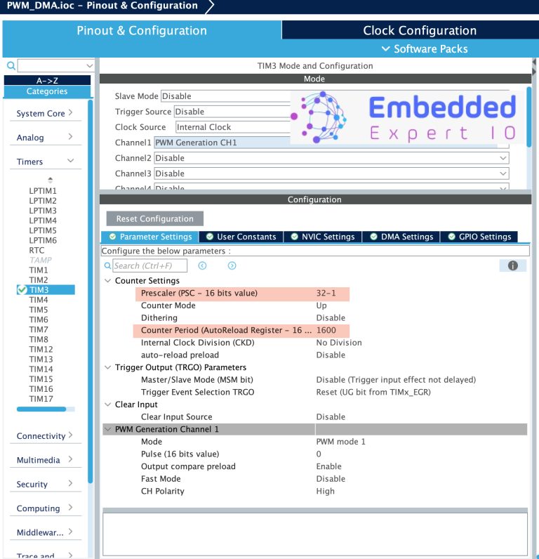 Getting Started with STM32H5 ARM Cortex M33: Timer in PWM Mode with DMA – EmbeddedExpertIO