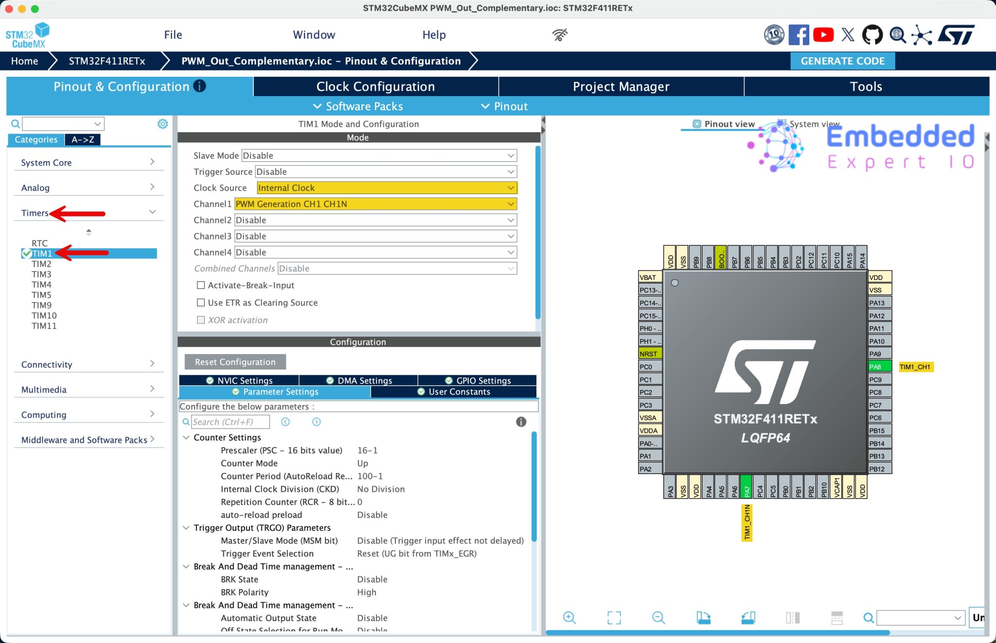 STM32 Timers Applications: Complementary PWM Generation – EmbeddedExpertIO
